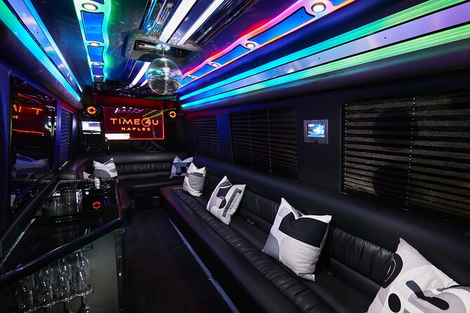 Party Bus Excursion Disco Ball, Limo Seating, Bar, & LED Lights - Key Points