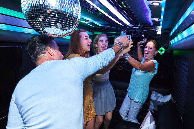 Party Bus Excursion Disco Ball, Limo Seating, Bar, & LED Lights - FAQ
